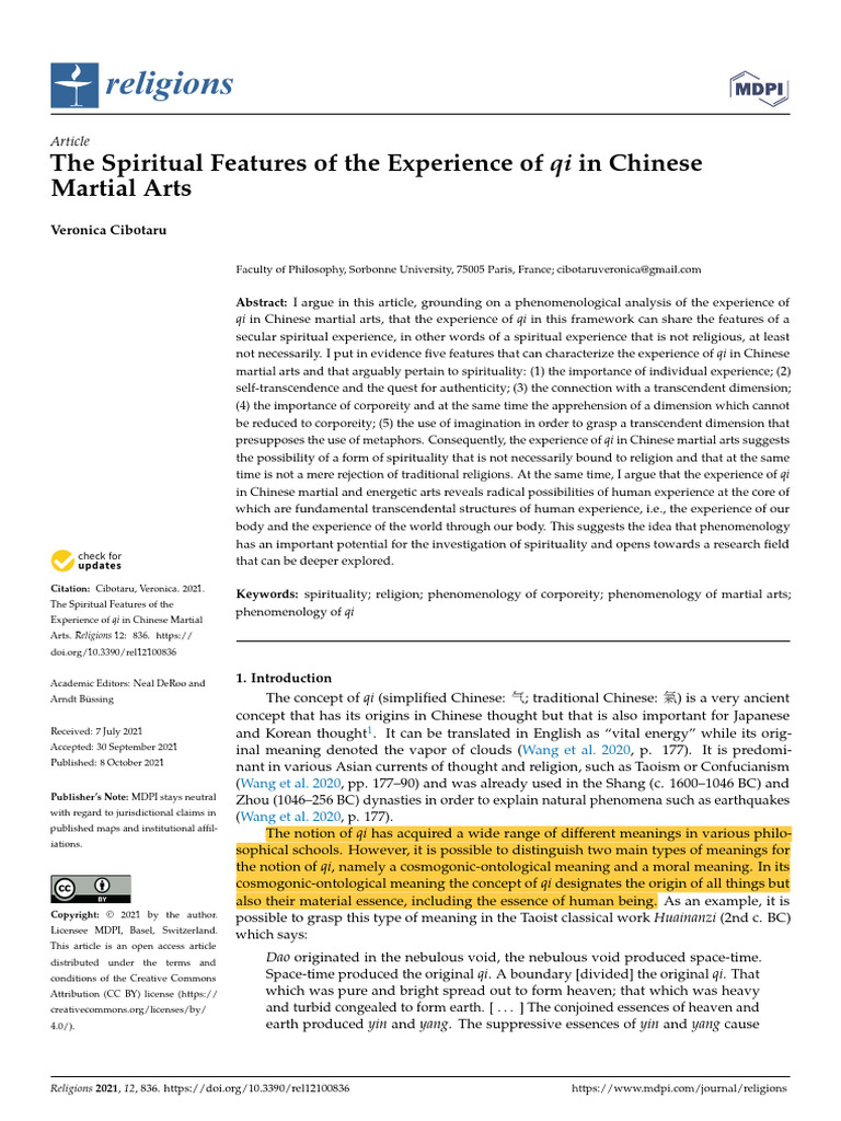 The Spiritual Features of The Experience of Qi in Chinese Martial Arts ...