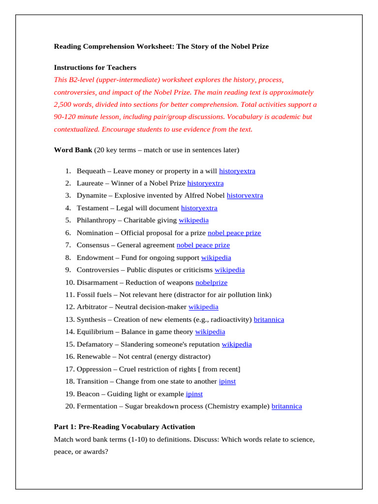 Nobel Prize History and Impact Worksheet | PDF | Nobel Prize