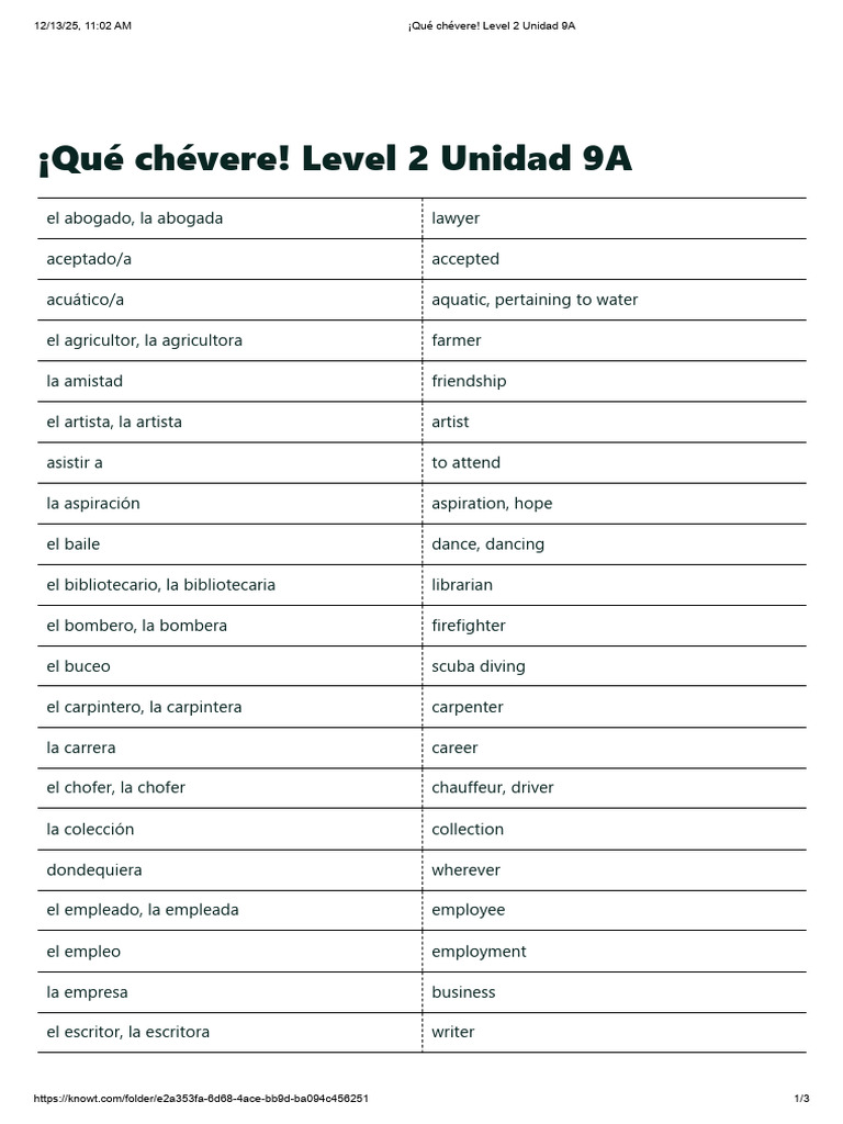 ¡Qué Chévere! Level 2 Unidad 9A | PDF