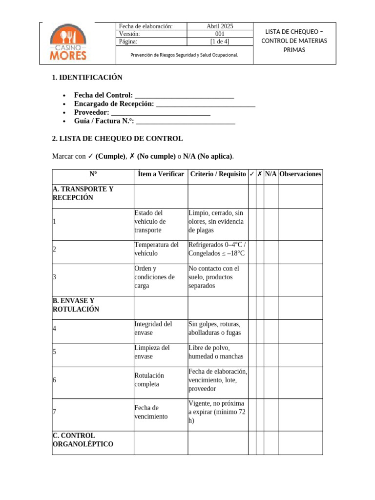 Lista de Chequeo para Control de Materias Primas | PDF | Seguridad y ...