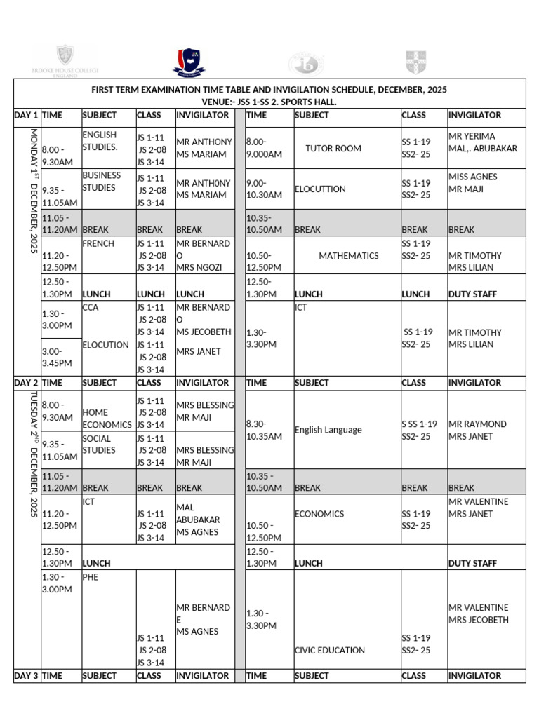 First Term Examination Time Table and Invigilation Schedule, December ...