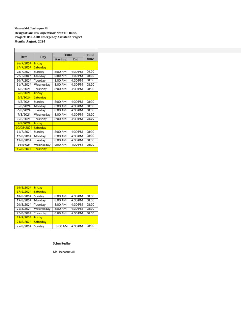 DSK-ADB Project Time Sheet August 2024 | PDF