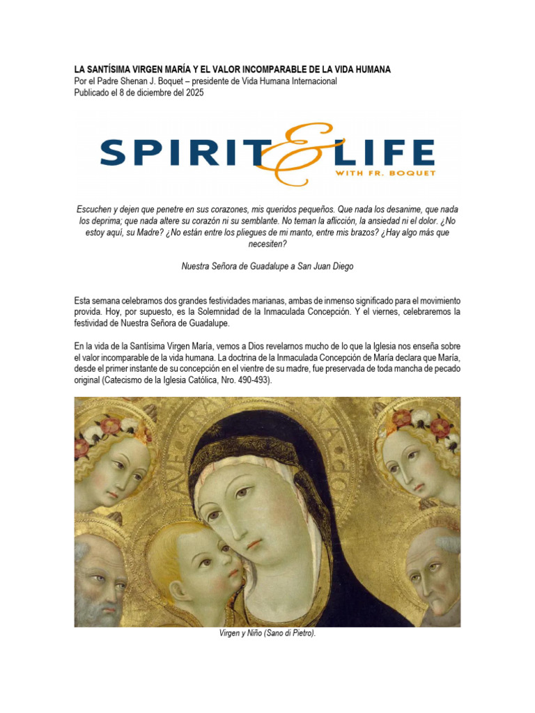 La Santisima Virgen Maria y El Valor Incomparable de La Vida Humana ...