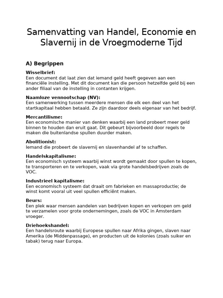 Samenvatting Van Handel, Economie en Slavernij in de Vroegmoderne Tijd ...