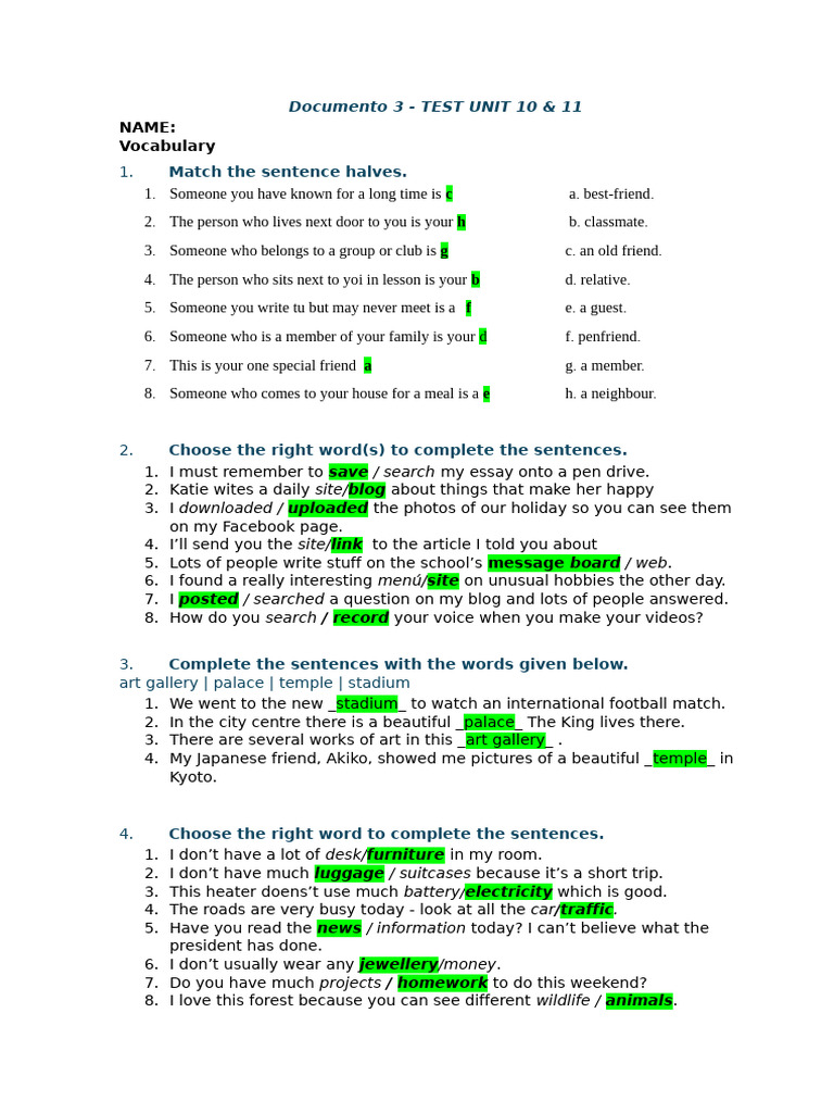 Test Ingles Colegio Joaco | PDF | Vocabulary | Movie Theater