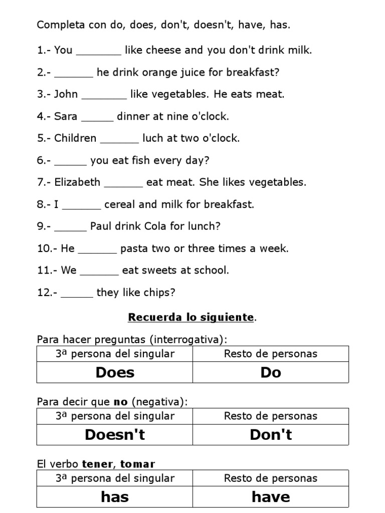 English Grammar: Do, Does, Have Exercises | PDF | Cooking, Food & Wine ...