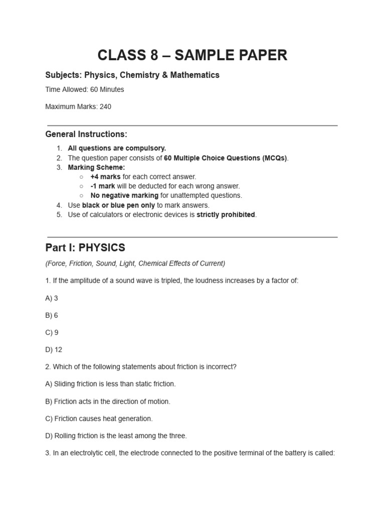 Class 8 - Sample Paper | PDF | Force | Iron