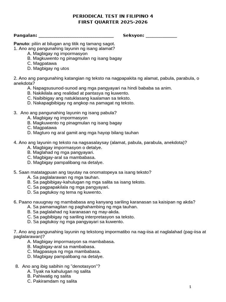 Filipino 4 PT q1 | PDF