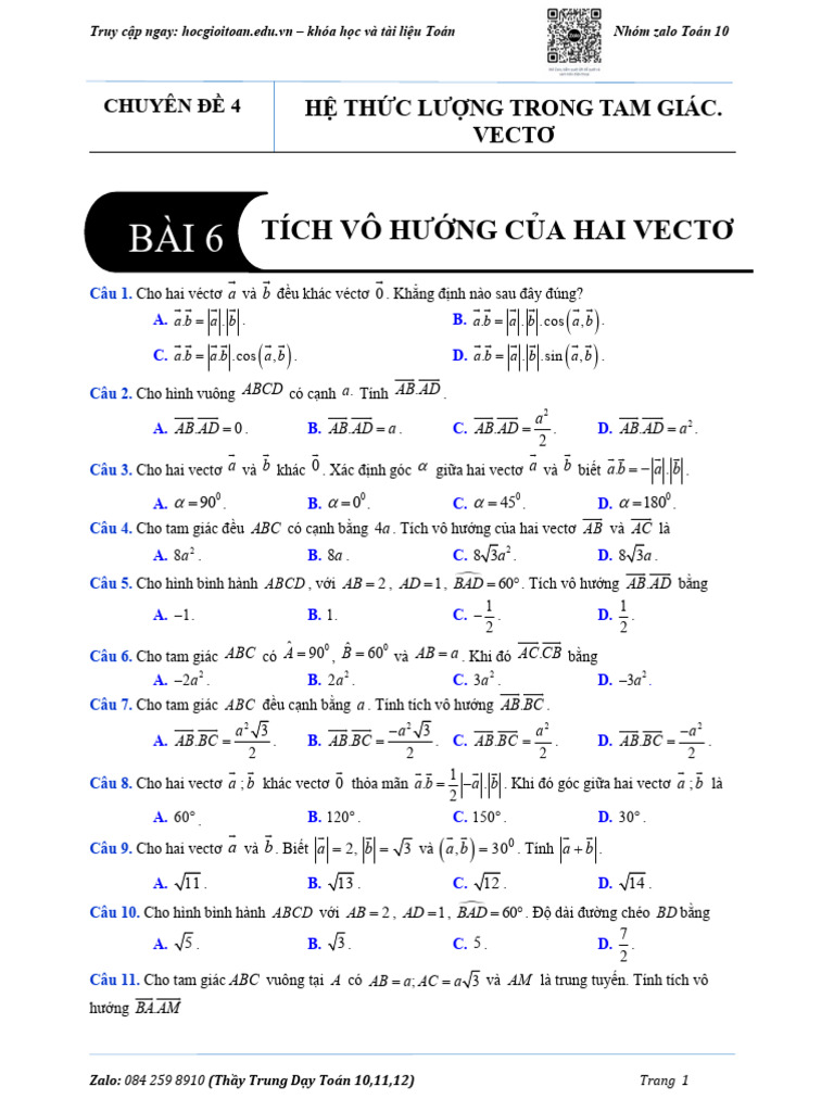 Toán 10 - Tích Vô Hướng Của Hai Vectơ - Bt Trắc Nghiệm | PDF