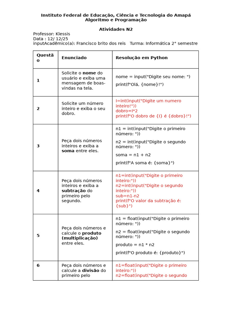 Atividades de Algoritmo em Python | PDF | Teoria dos Números | Matemática