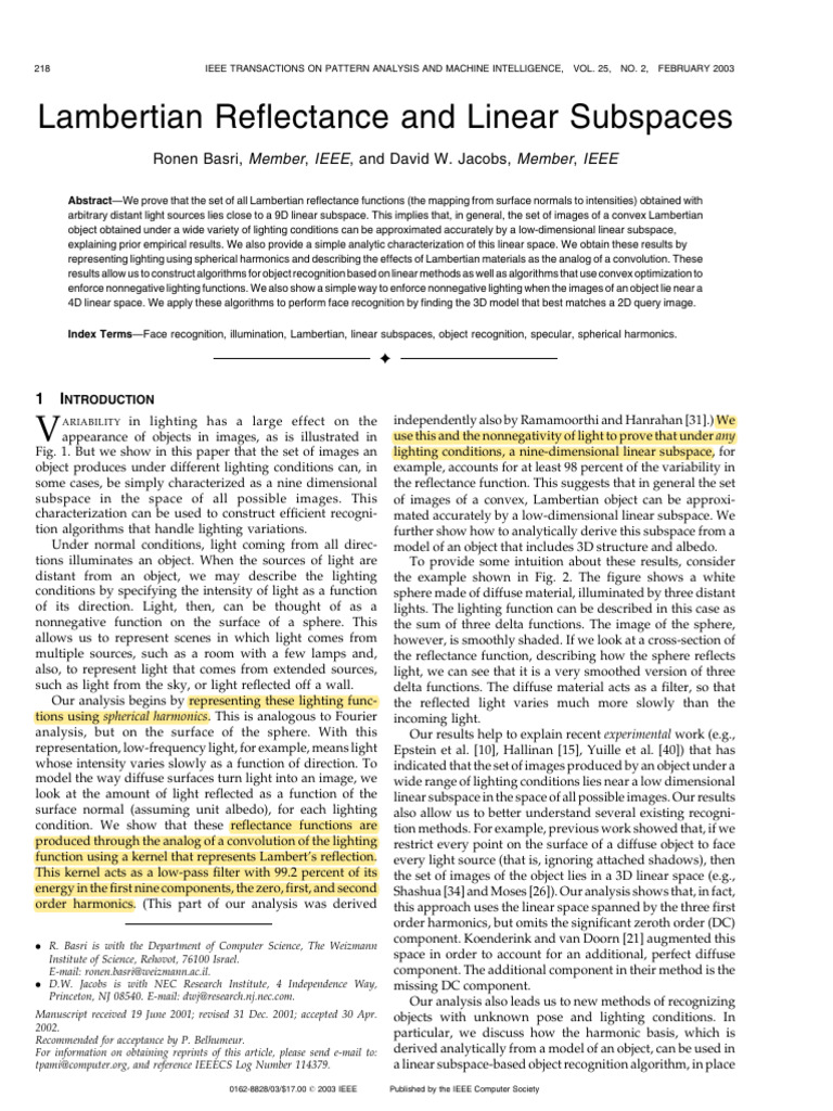 Lambertian Reflectance and Linear Subspaces | PDF | Convolution ...