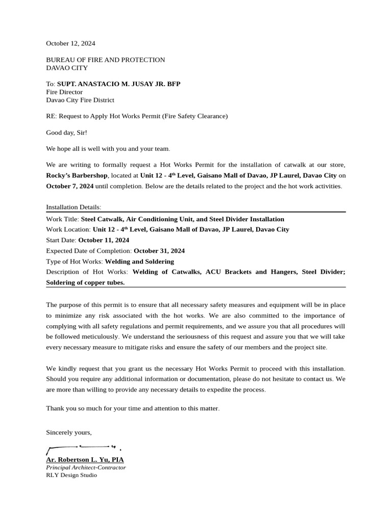 Hot Works Permit Request for Davao Project | PDF