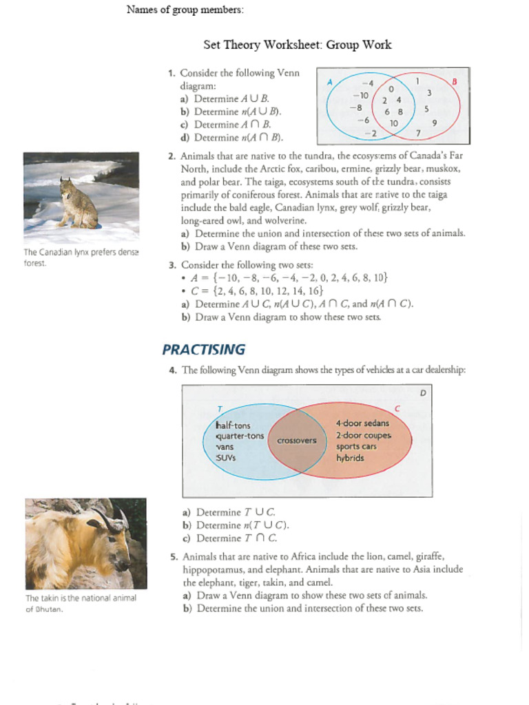 Set Theory Group Worksheet | PDF