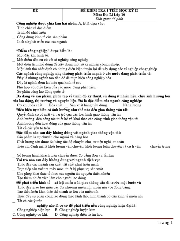 Top 7 de Kiem Tra 1 Tiet Mon Dia Li Lop 10 Hoc Ky II Co Dap an 28207 | PDF