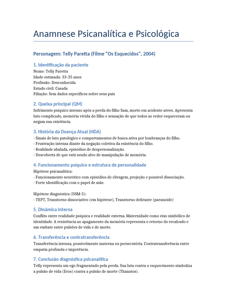Análise Psicanalítica de Telly Paretta | PDF | Psicanálise | Emoções