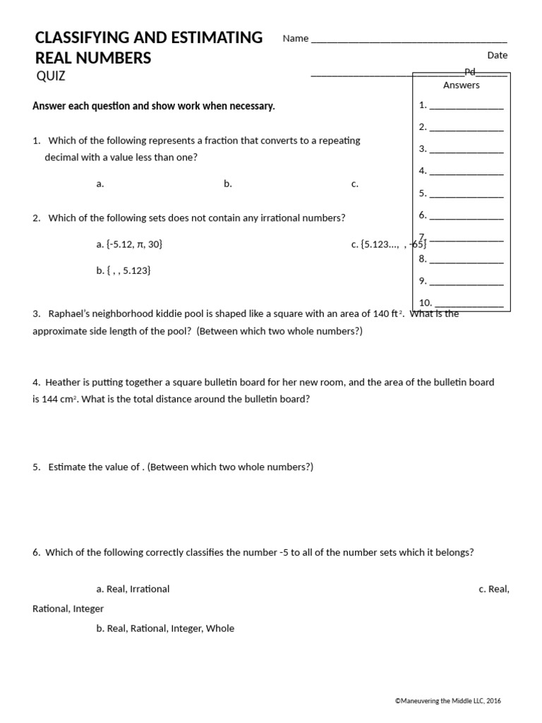 Real Numbers Classification Quiz | PDF | Real Number | Numbers