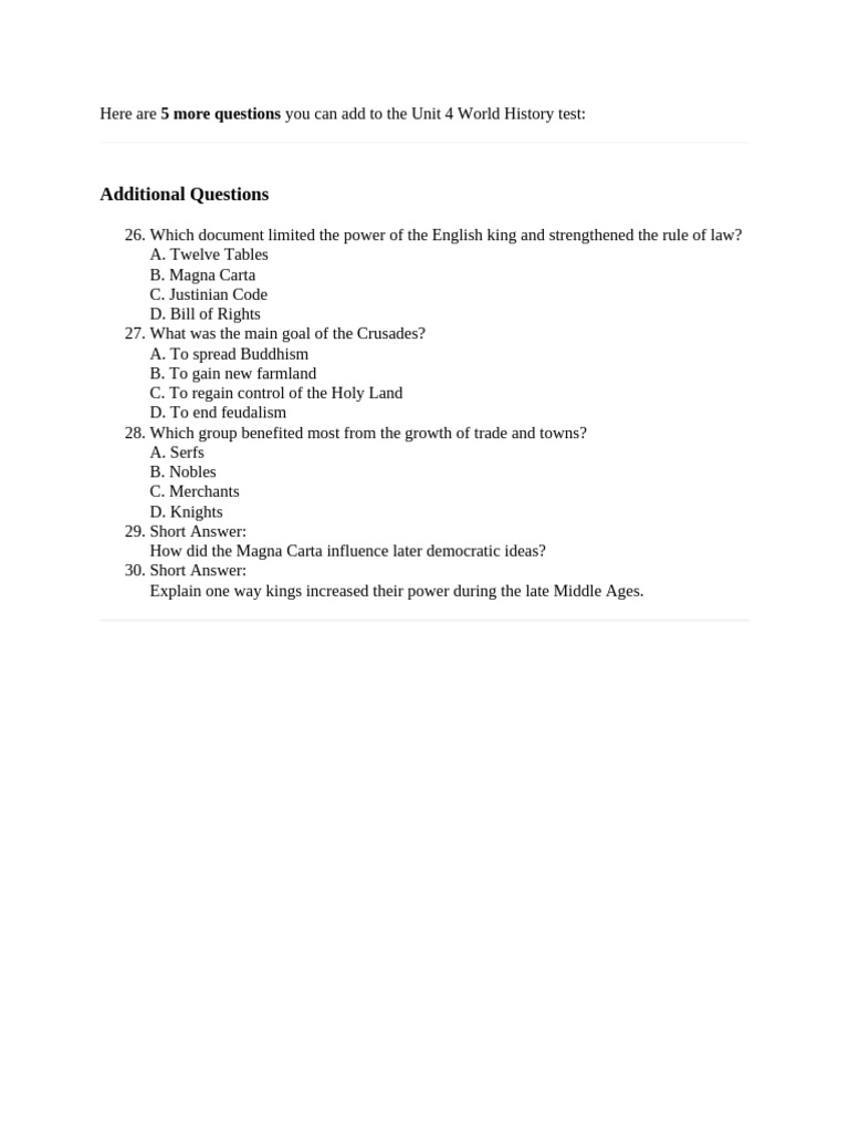 Unit 4 World History Test Questions | PDF