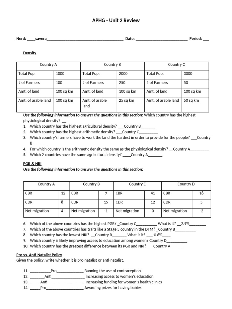APHG Unit 2 Population Density Review | PDF | Human Overpopulation ...