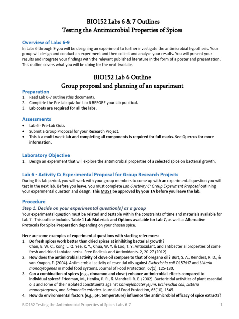 BIO152 F2025 Lab 6 & 7 Outlines | PDF | Experiment | Coriander