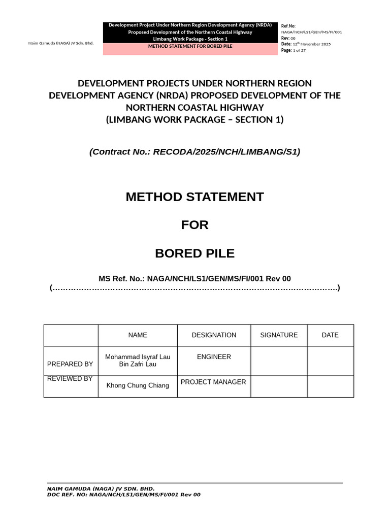 Bored Pile Method Statement for Highway Project | PDF | Concrete ...