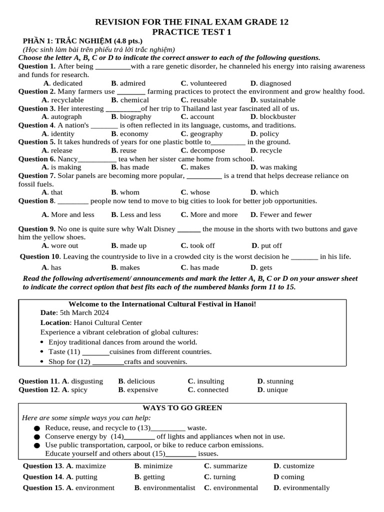 Grade 12 Final Exam Practice Test | PDF | Recycling | Waste
