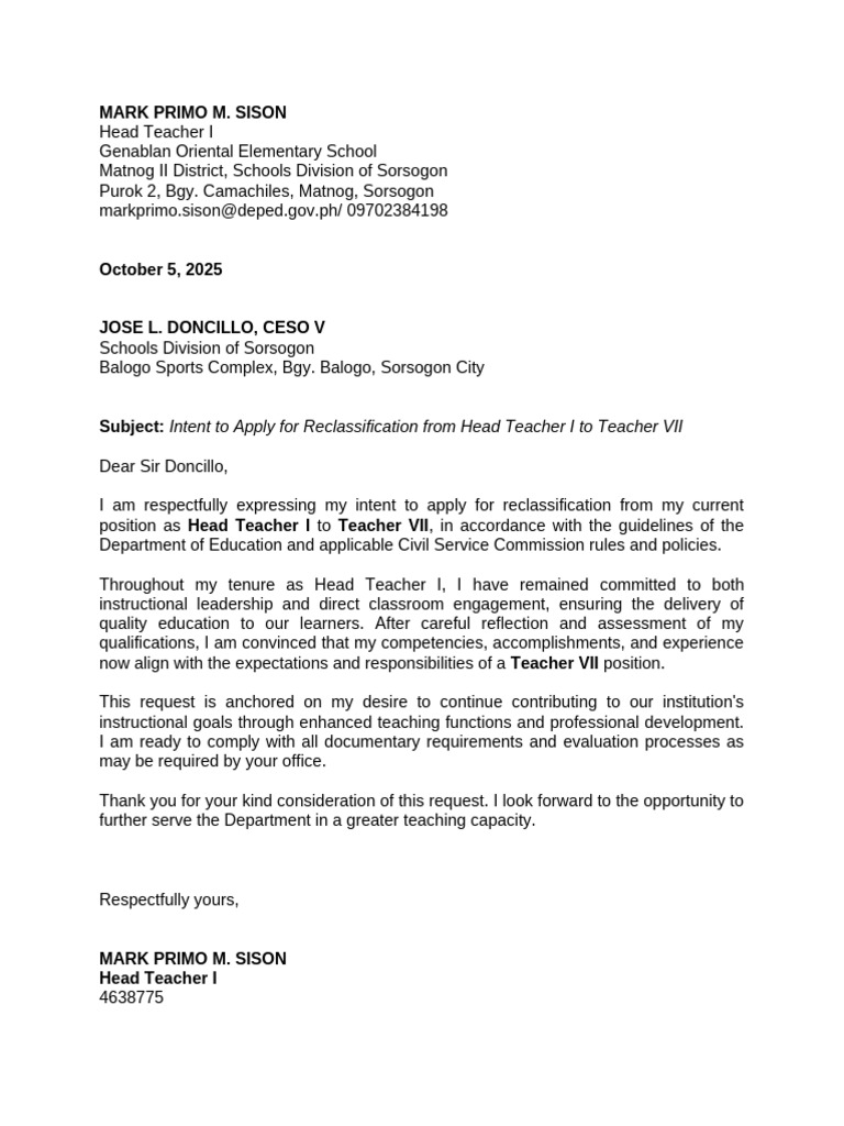 Application for Teacher VII Reclassification | PDF