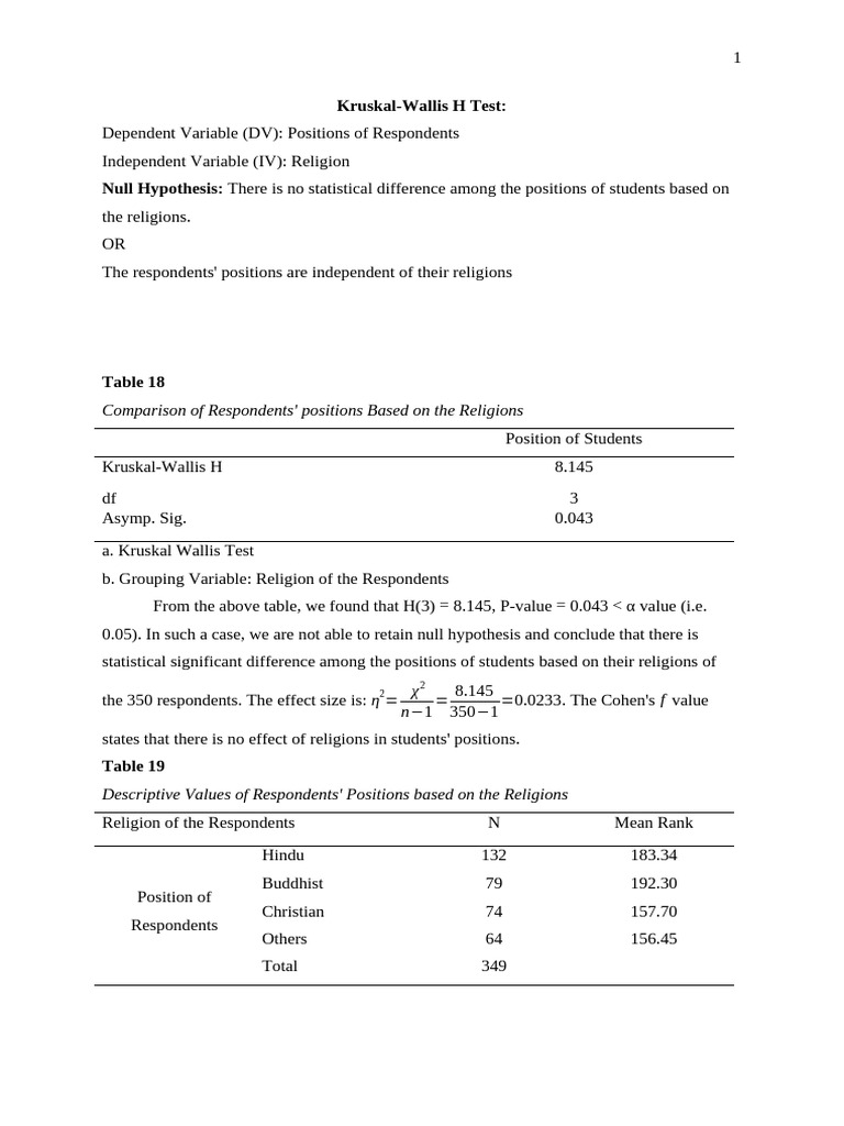 Kruskal-Wallis H Test and Spearmans Rho Test_Sample | PDF | Spearman's ...