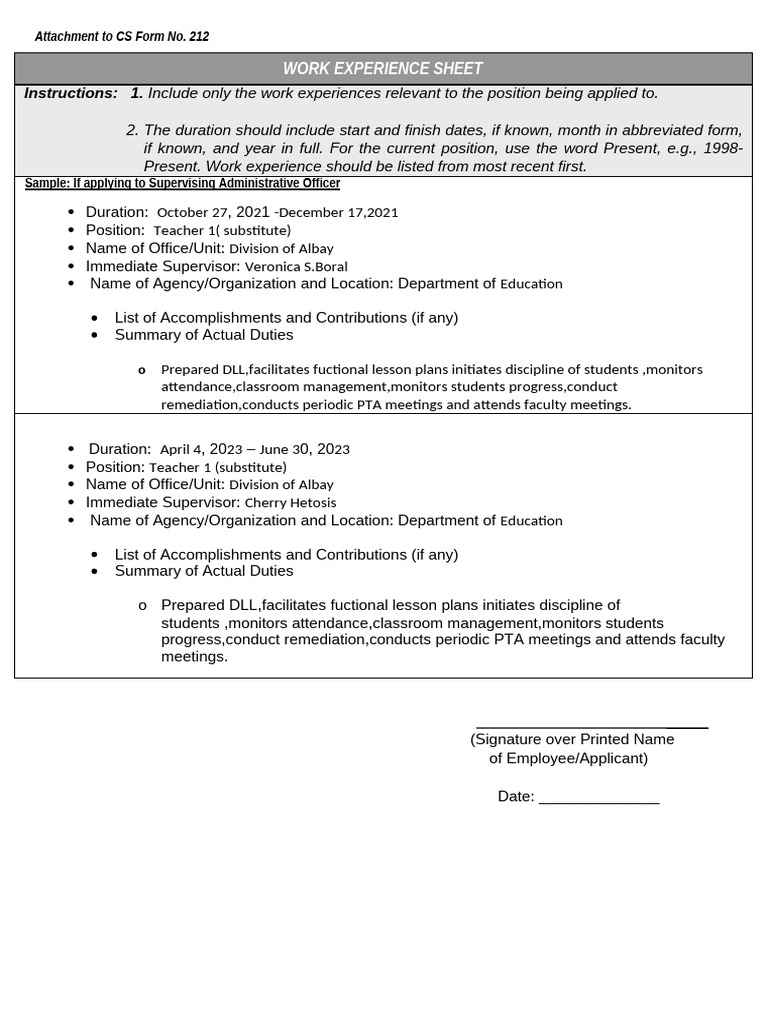 Work Experience Sheet Sample | PDF