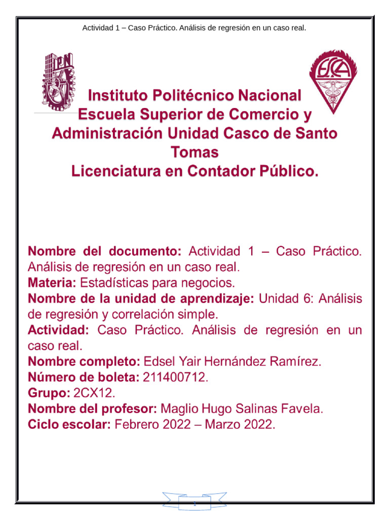 Unidad 6 Act 1 Caso PR Ctico. An Lisis de Regresi N en Un Caso Real Edsel Yair Hern Ndez Ram Rez ...