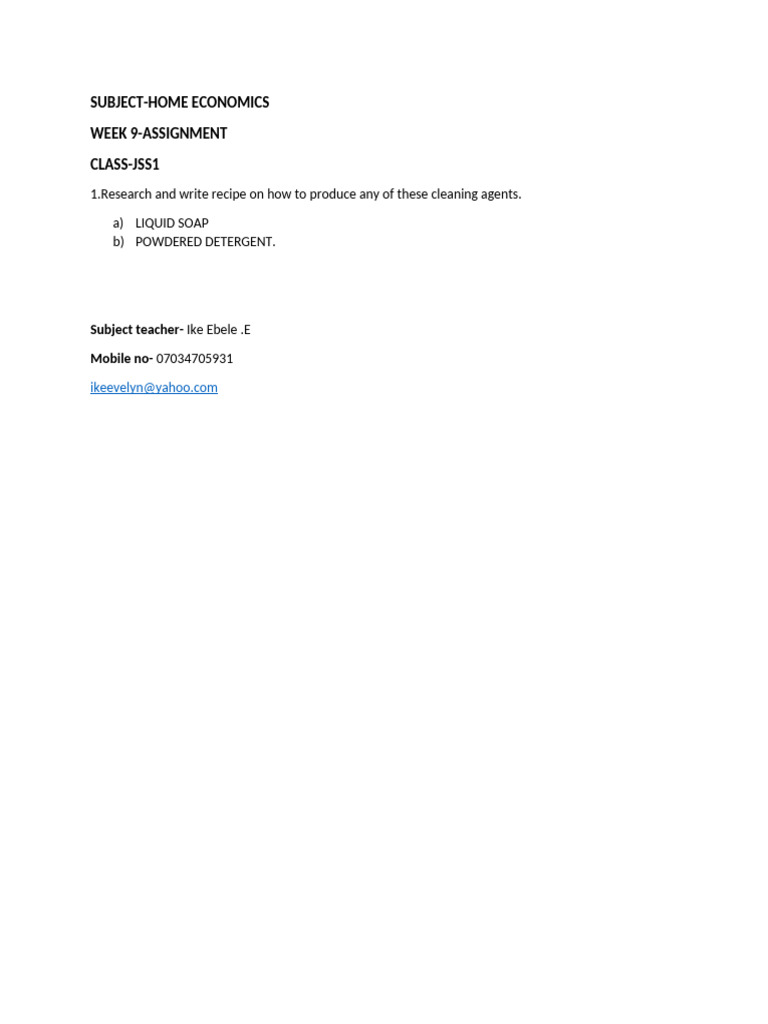 Cleaning Agents Recipe Assignment JSS1 | PDF