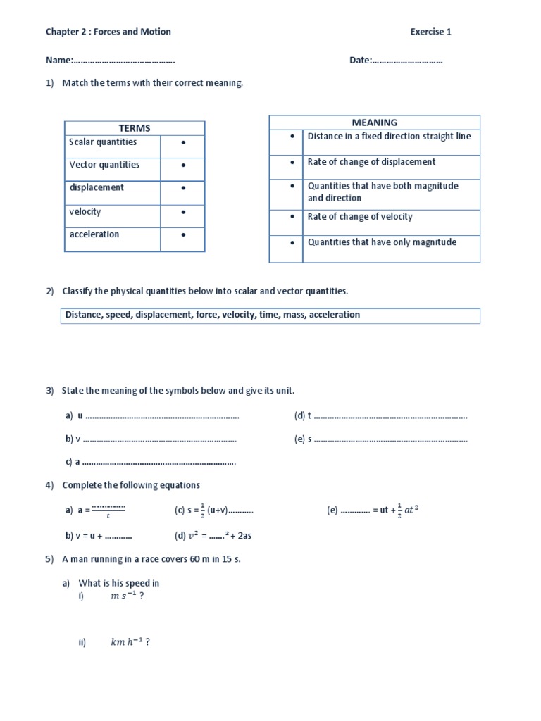 Terms Meaning: Chapter 2: Forces and Motion Exercise 1 Name: . Date | PDF