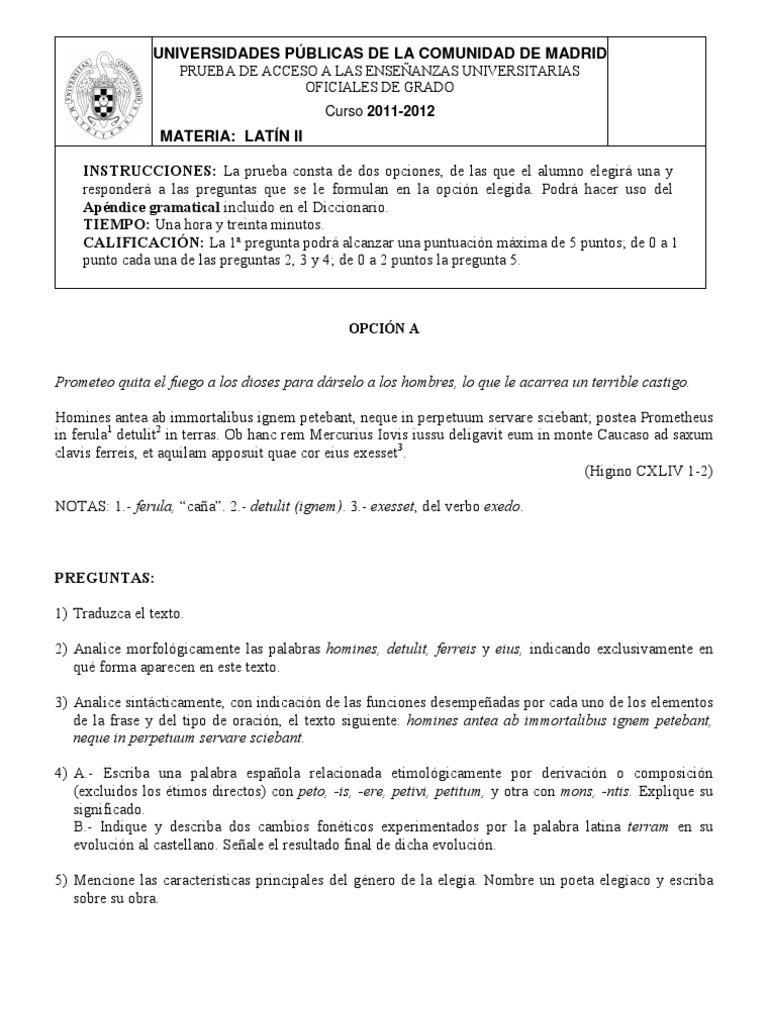 Examen Selectividad Madrid Latín Pdf Latín Palabra