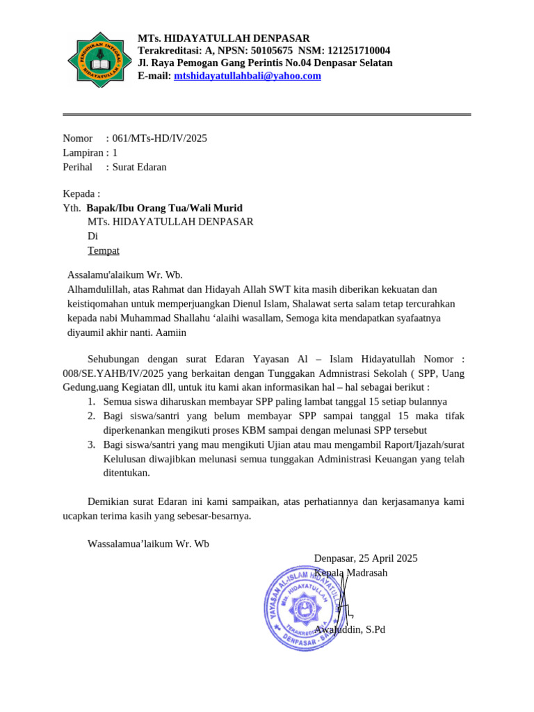 Edaran Pembayaran SPP MTs Hidayatullah | PDF