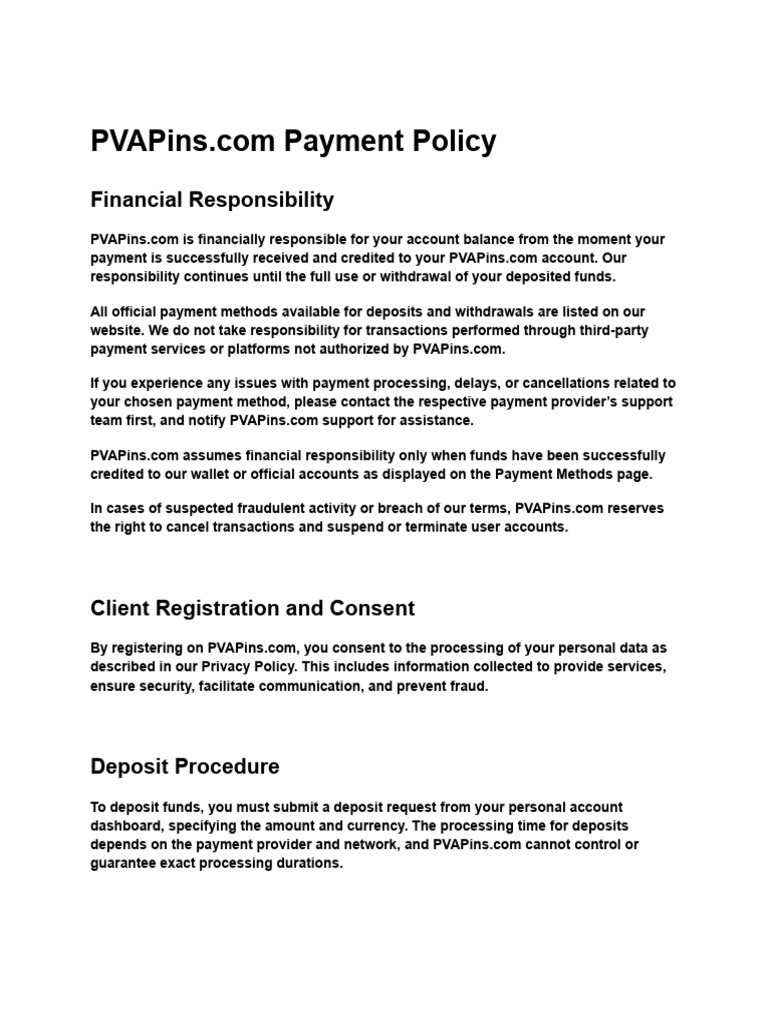 PVAPins.com Payment Policy Overview | PDF | Payments | Money