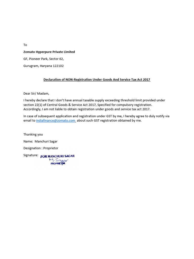 M Sagar Declaration - NOn GST | PDF