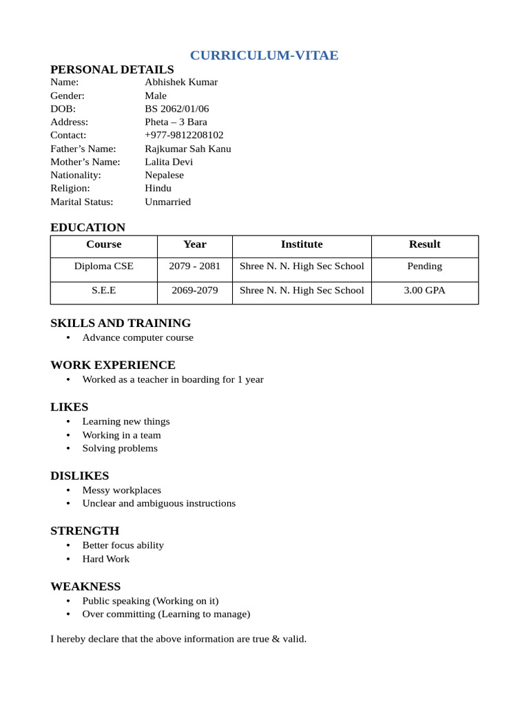 Abhishek Kumar's CV and Skills Summary | PDF