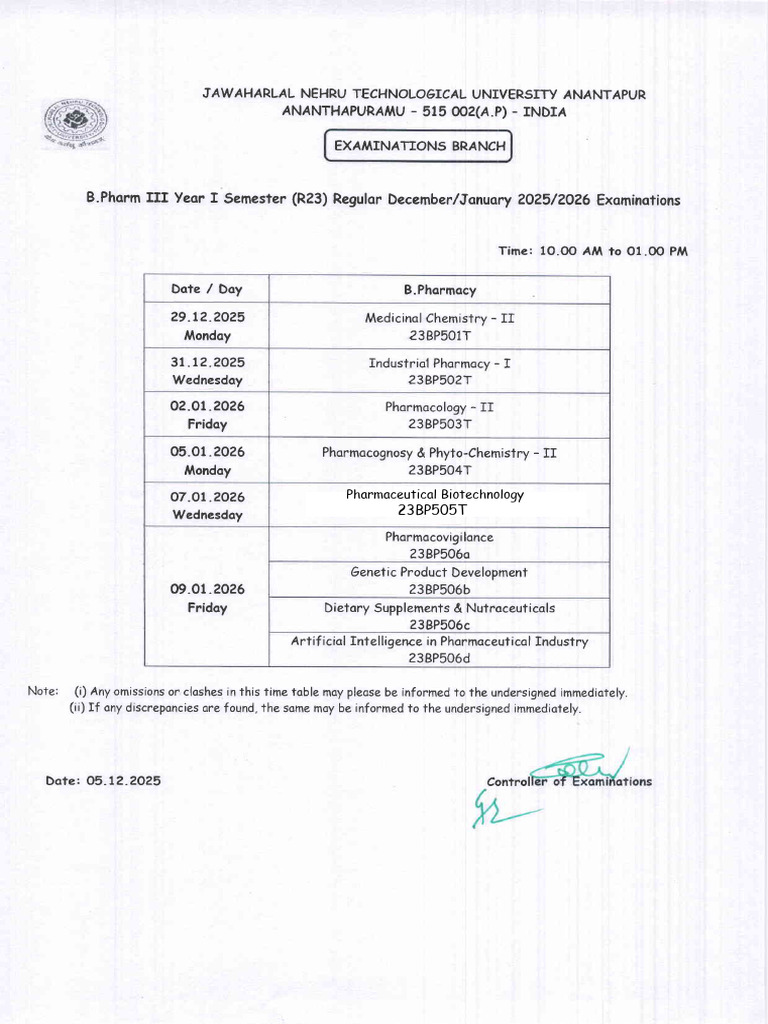 Timetables for B.pharm III Yr I II Sem Reg Supple Dec Jan 2025 2026 ...