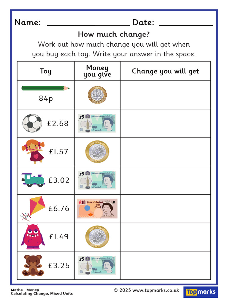 Calculating Change for Toys | PDF