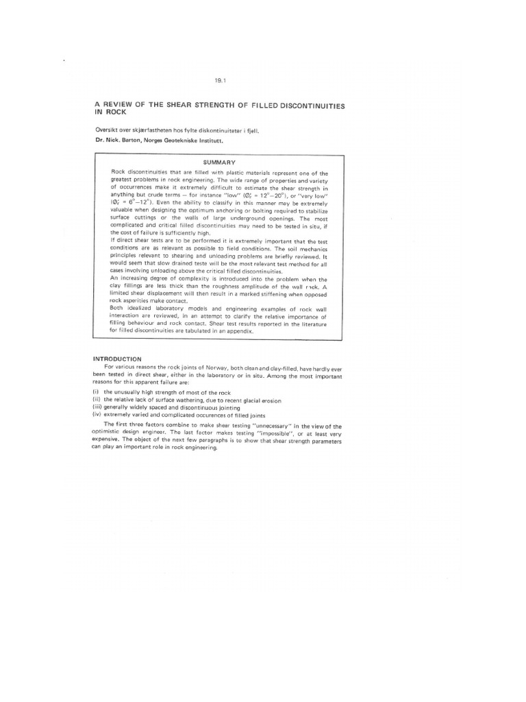 1973. Barton-Shear Strength of Filled Discontinuities. Bergmekk. Oslo | PDF
