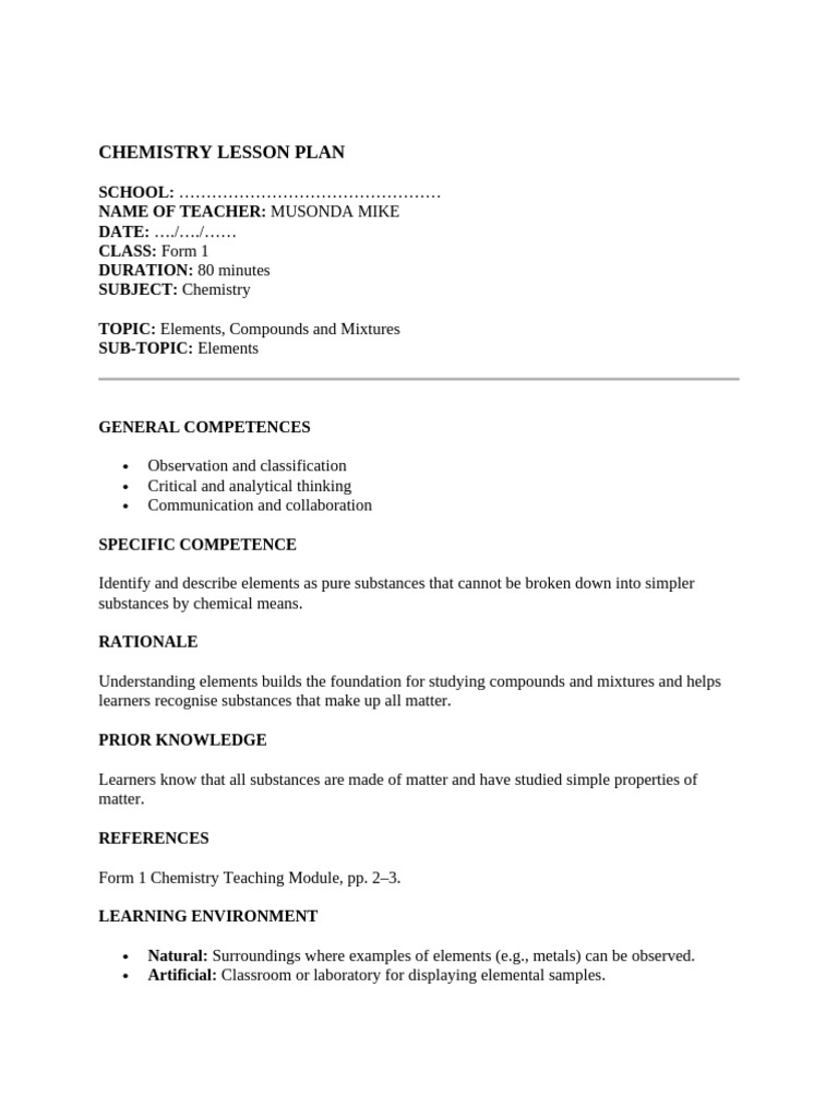 Elements in Chemistry: Lesson Plan | PDF | Chemical Substances ...