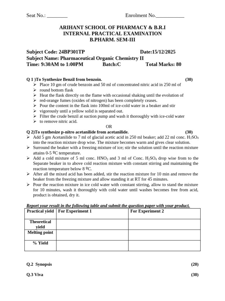 SEM-3 Practical Paper 2025 | PDF | Nitric Acid | Chemical Substances