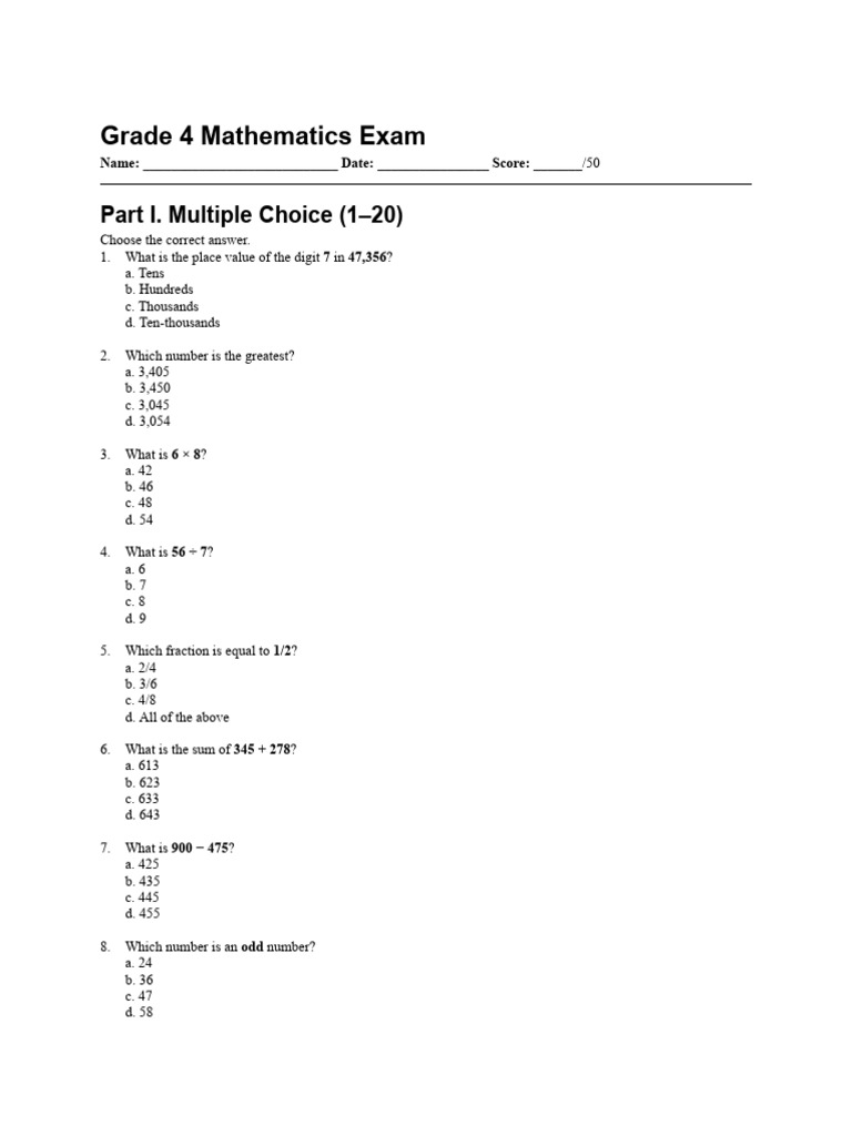 Grade 4 Math Exam Questions & Answers | PDF | Mathematics