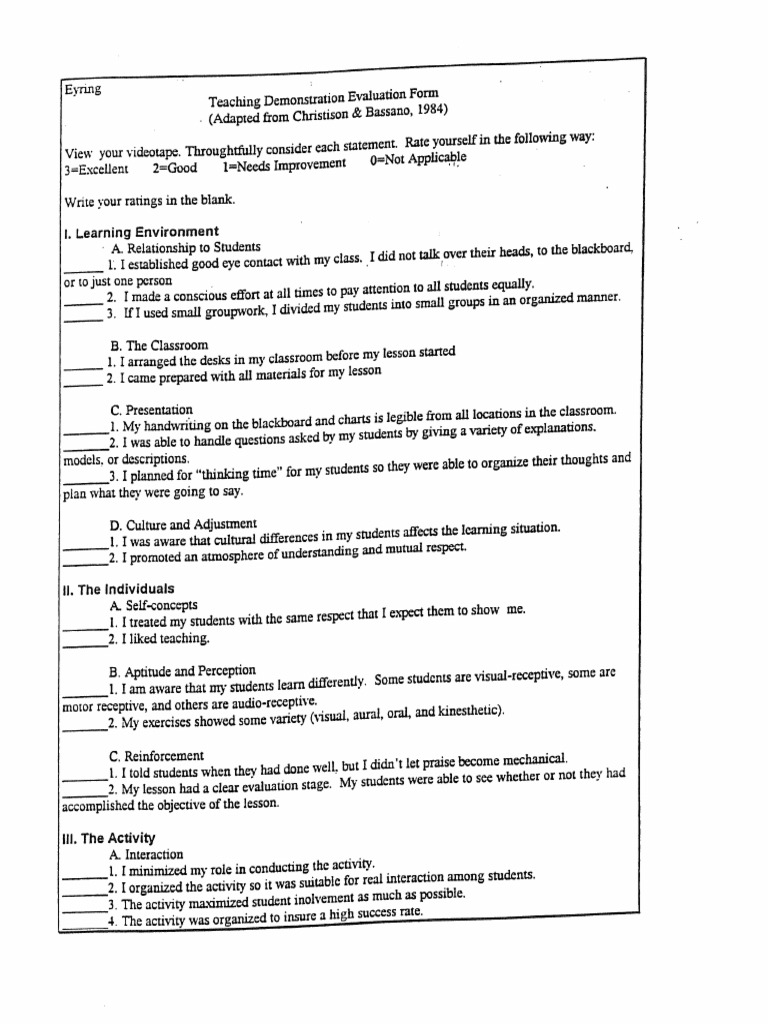 Teaching Demonstration Self-Evaluation Form | PDF