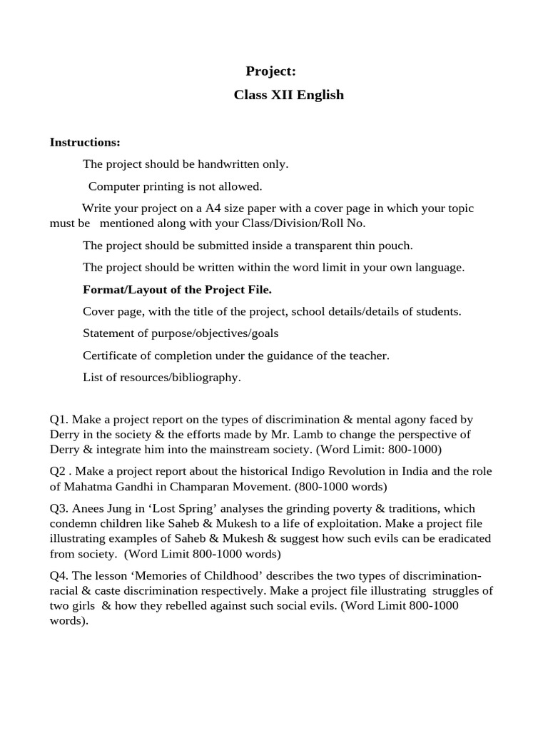 Class XII English Project Guidelines | PDF