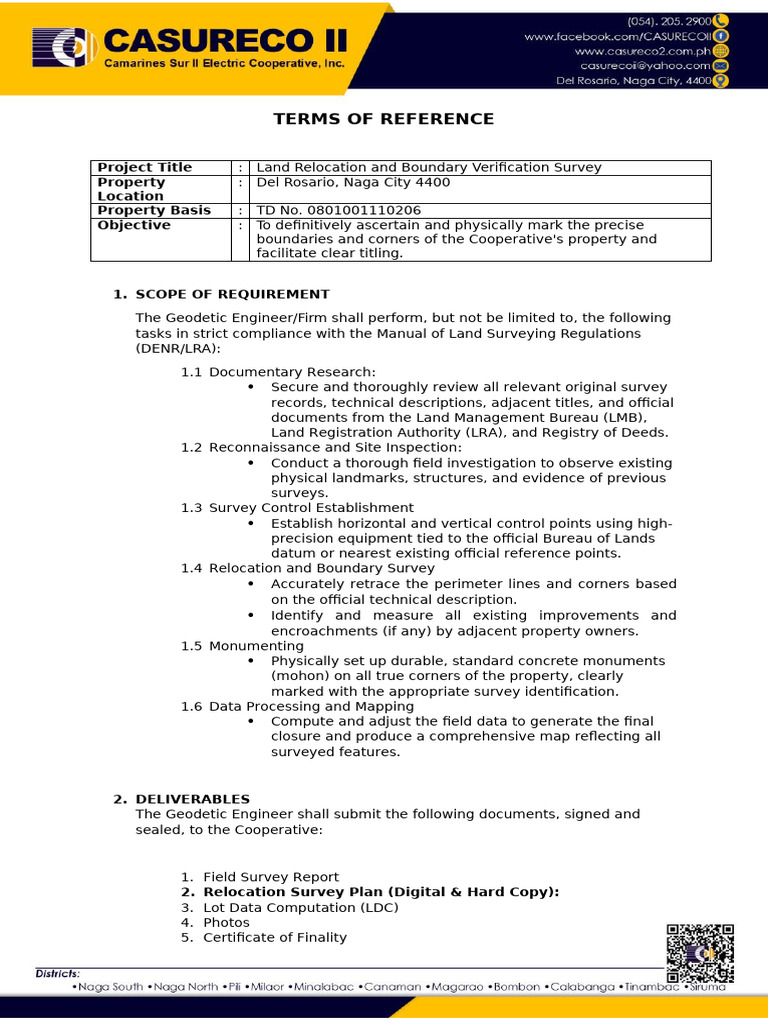 Land Relocation Survey Terms of Reference | PDF | Surveying