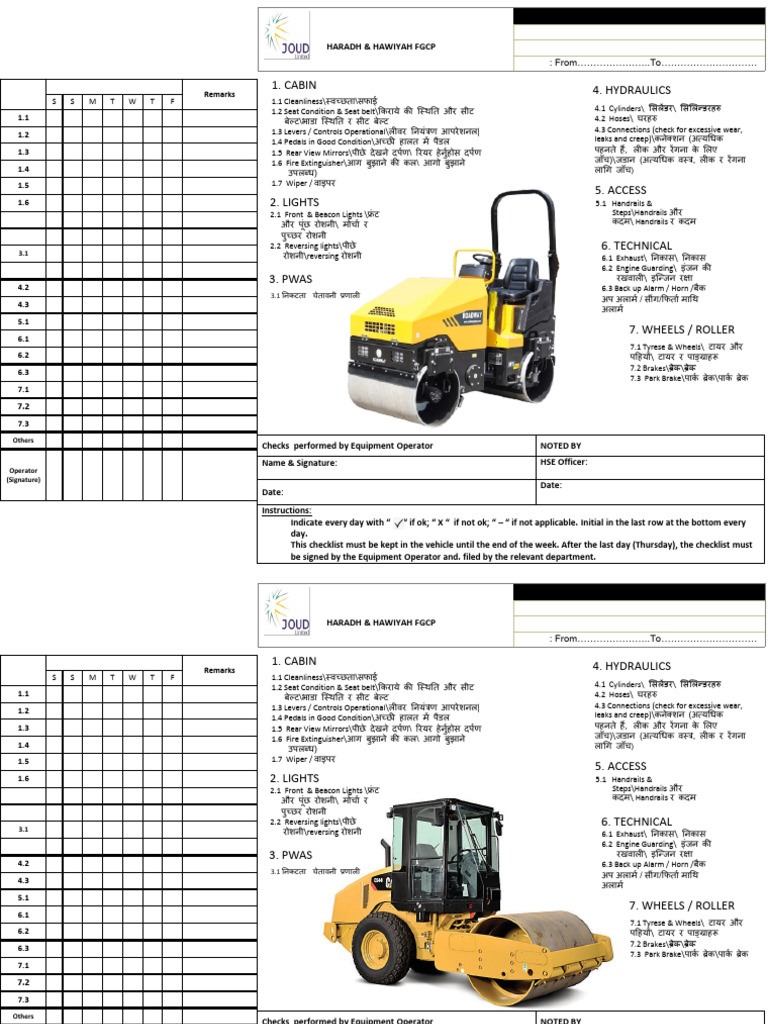 Daily Roller Compactor Checklist | PDF | Automotive Technologies ...