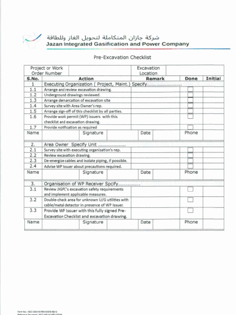 Pre Excavation Checklist | PDF