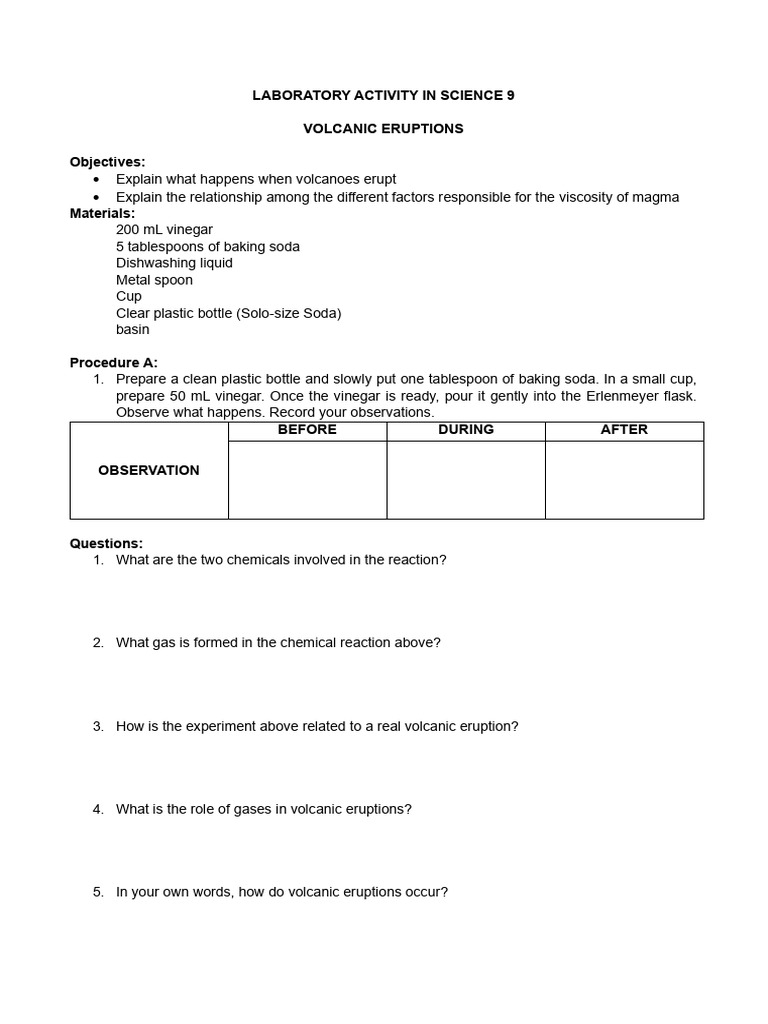 Laboratory Activity in Science 9 Volcanoes 1 | PDF
