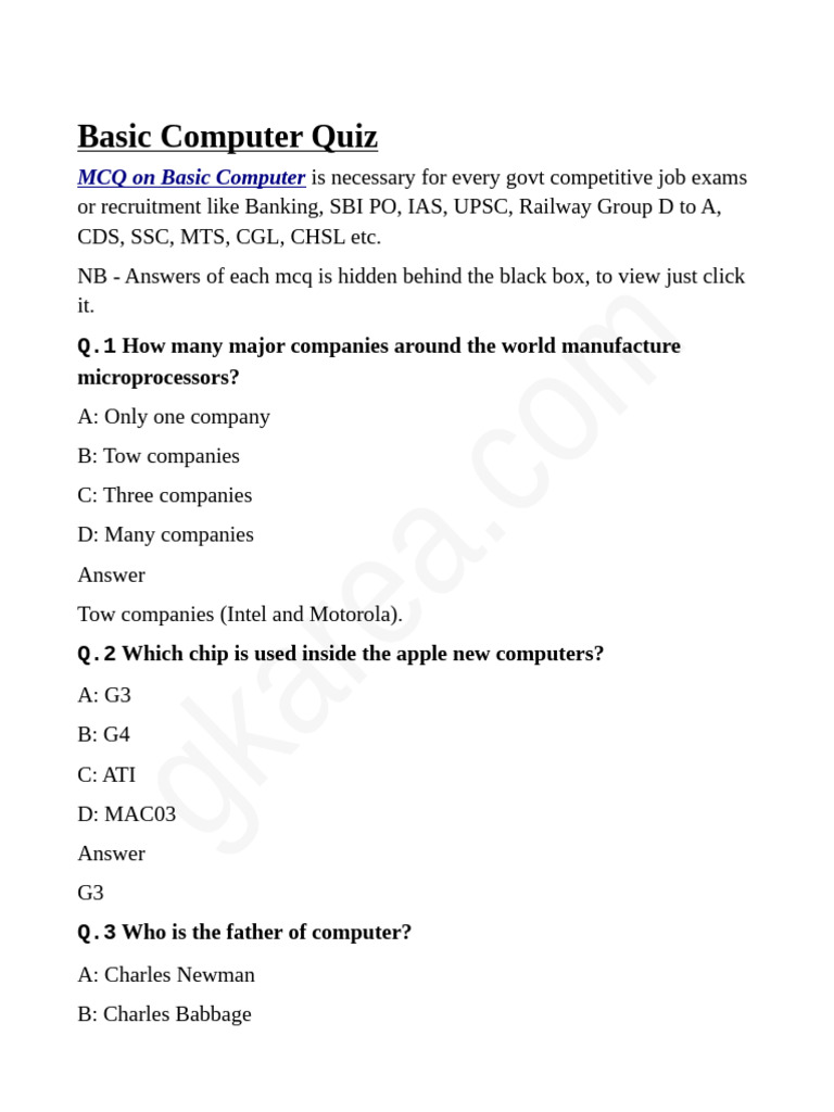 Mcq Basic Computer Pdf Pdf Personal Computers Desktop Computer