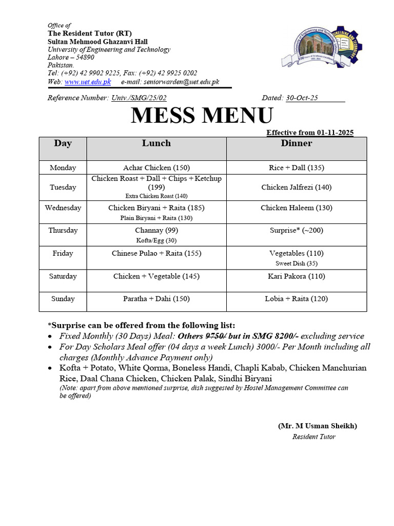 Mess Menu SMGHall Nov 2025 | PDF
